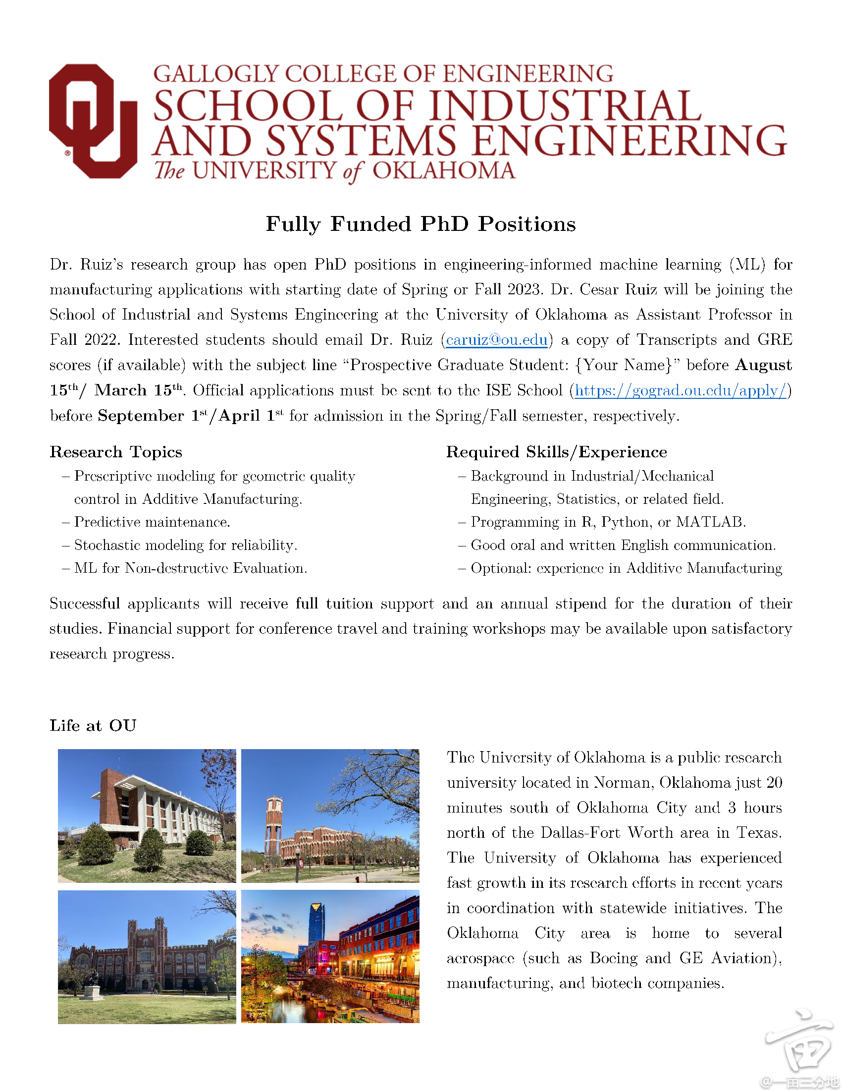 [2023 Fall] PhD Open Positions 美国俄克拉荷马大学工业工程系与数据科学院|一亩三分地招生广告版