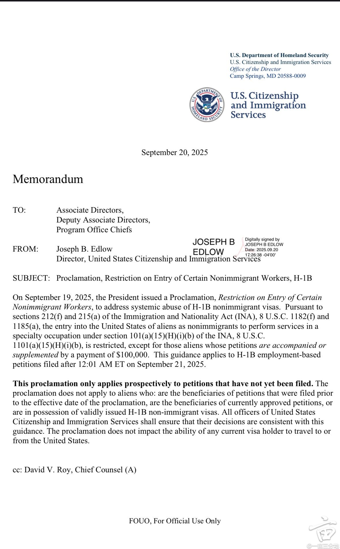 USCIS关于H1b proclamation 最新memo 所以已有得不受影响？|一亩三分地工作签证版